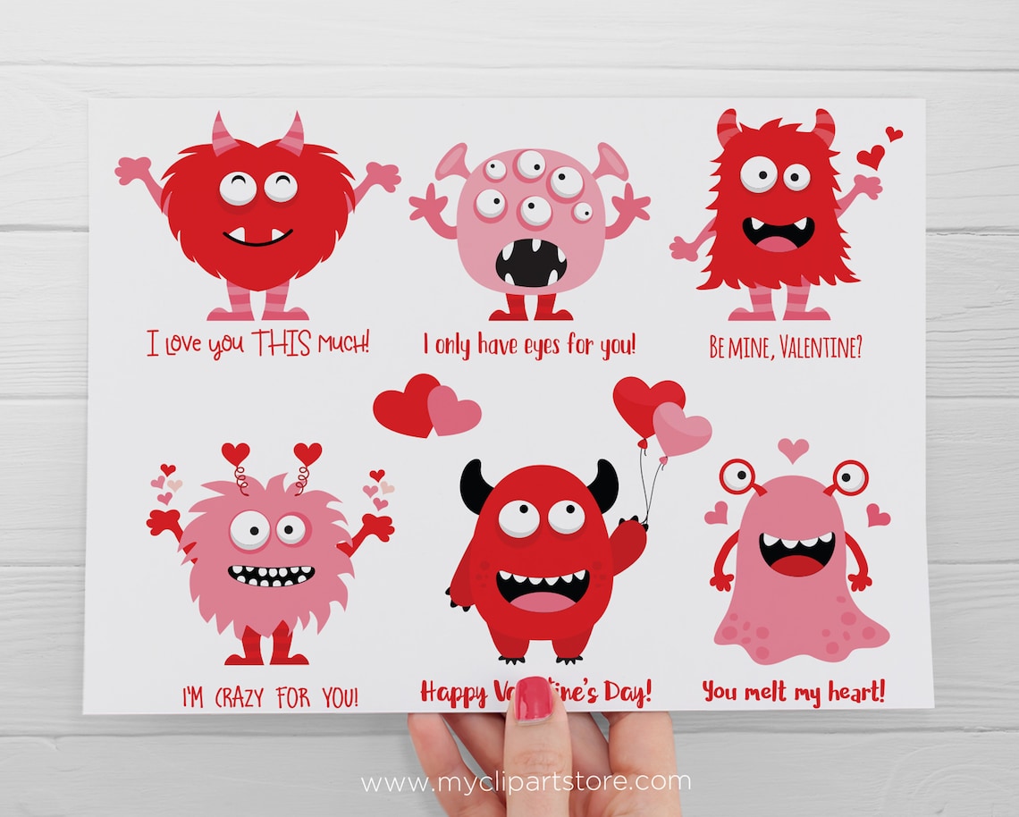 Valentine Monsters Clipart Monster Svg Valentine's Day - Etsy