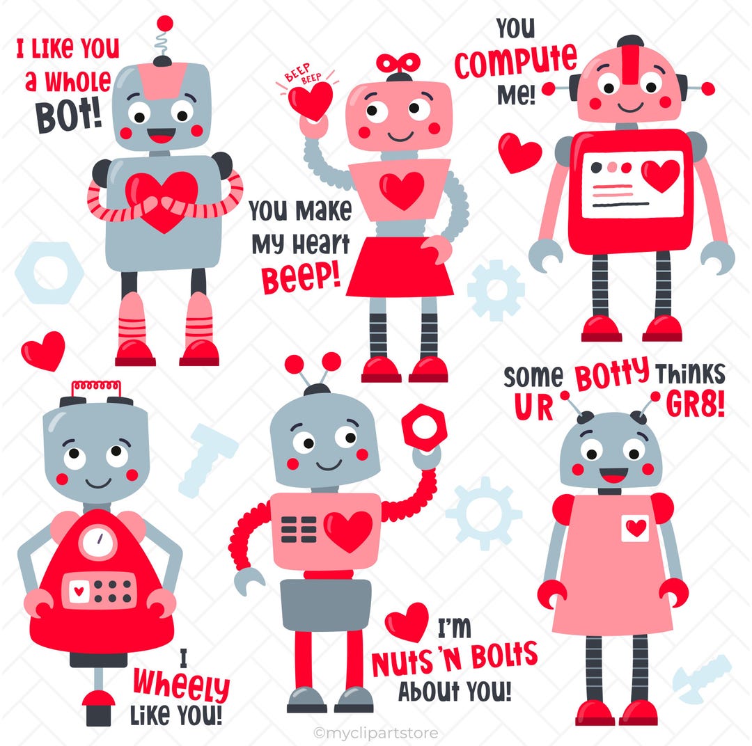Valentine Robots Clipart, Boy, Girl, Valentine Cards, Robot Stickers ...