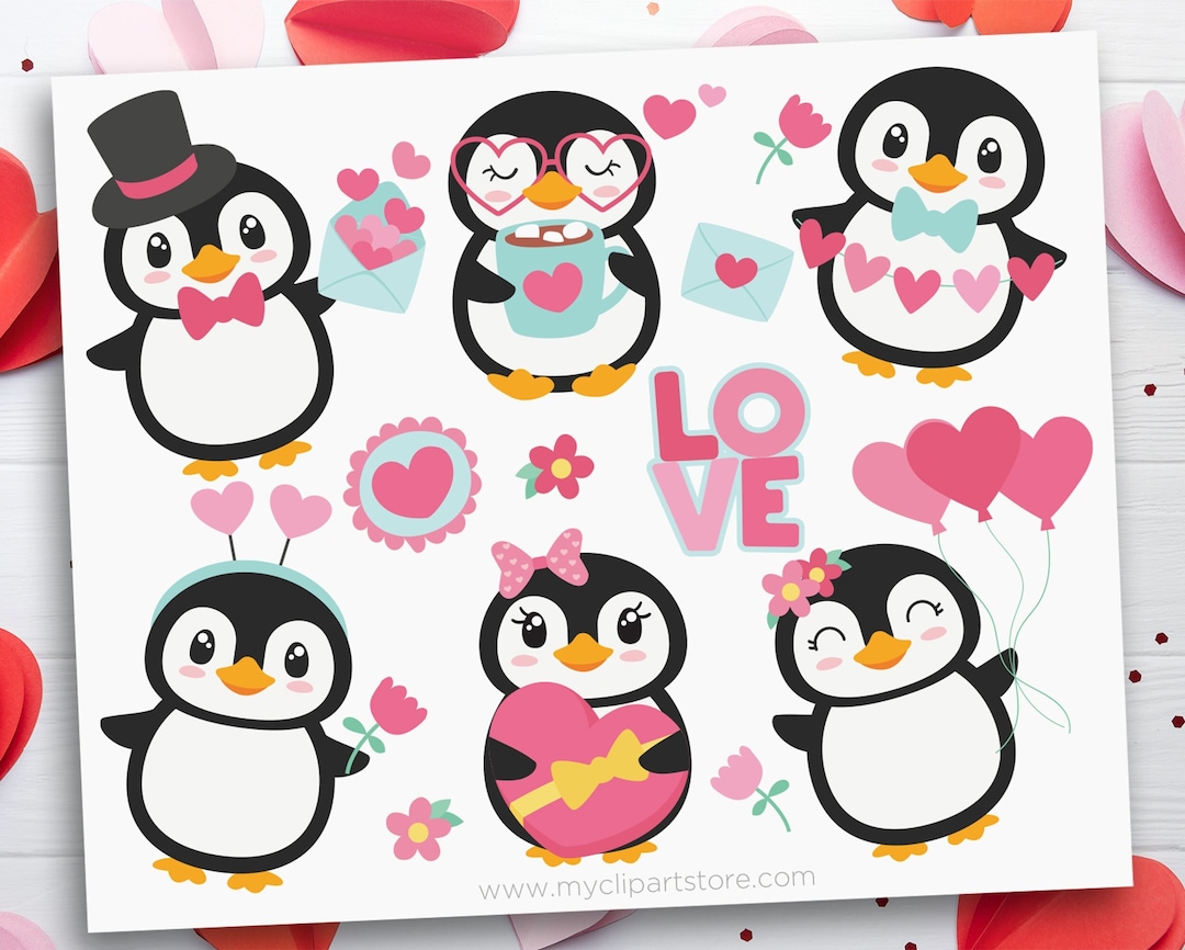 Valentine Animals Clipart, Cute Penguins, Valentine's Day Stickers ...