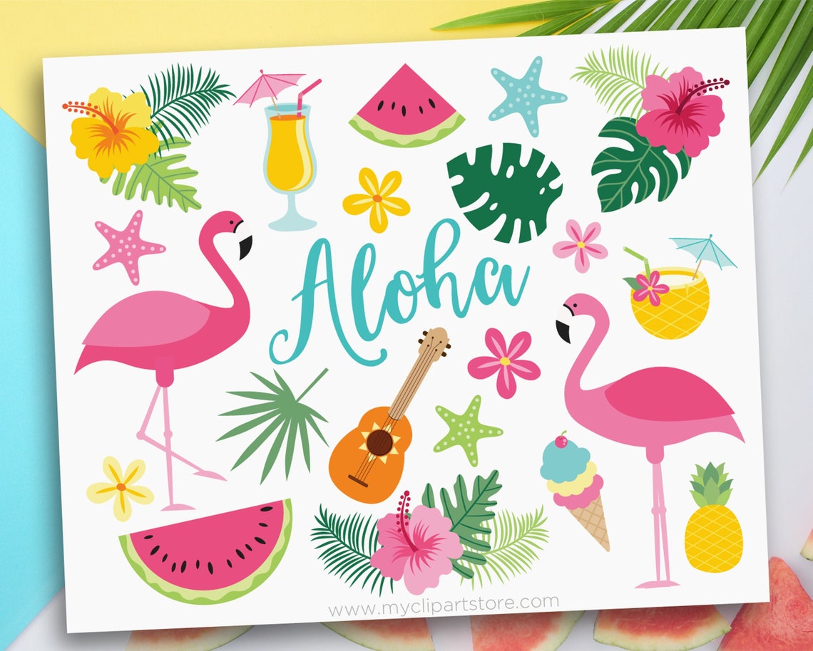 Flamingo Clipart Summer beach Tropical plants ice-cream | Etsy