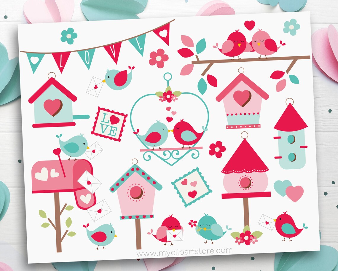 Valentine's Day Clipart Love Birds Clip Art Bird Cage - Etsy