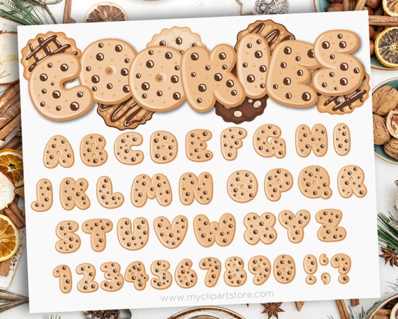Cookie Alphabet Clipart, Choc Chip Cookie Letters, Cookies Font, Cookie ...