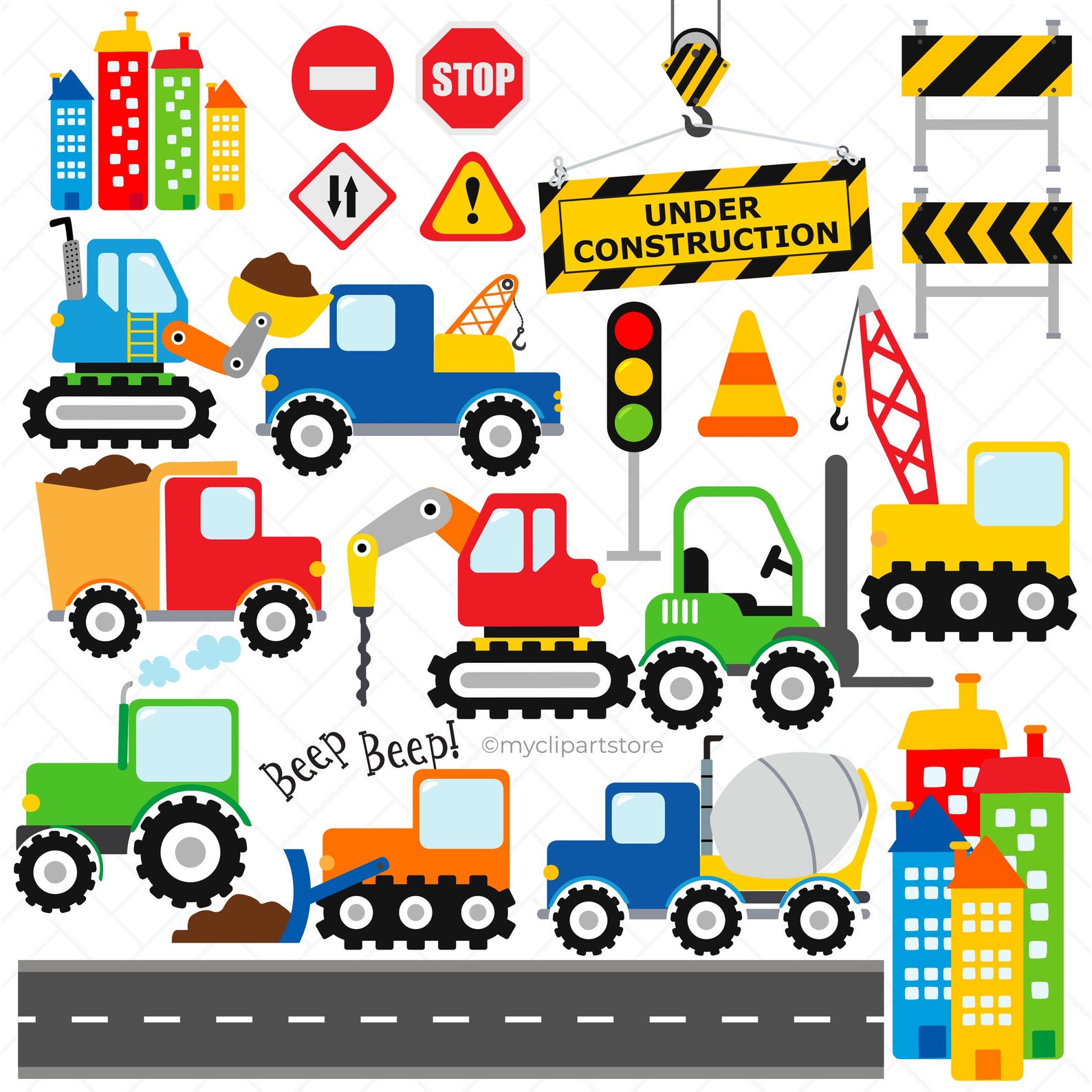 Construction Vehicle Clipart: Dump Truck, Tractor, Excavator (digital ...