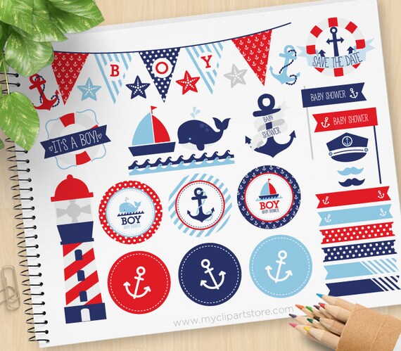 Sail Away Baby Shower Clipart Baby Boy, Whale, Sailboat, Anchor ...