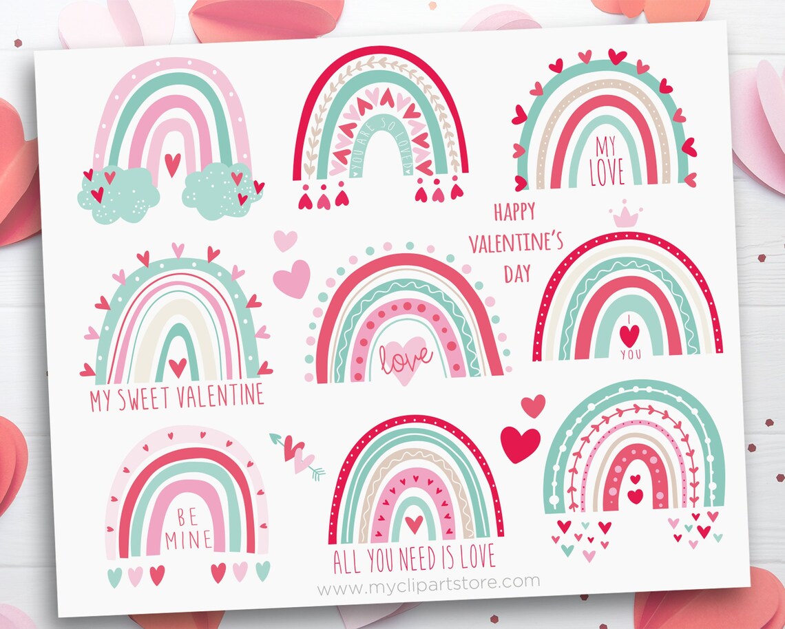Valentine Rainbows Clipart Valentine's Day Boho Rainbow - Etsy