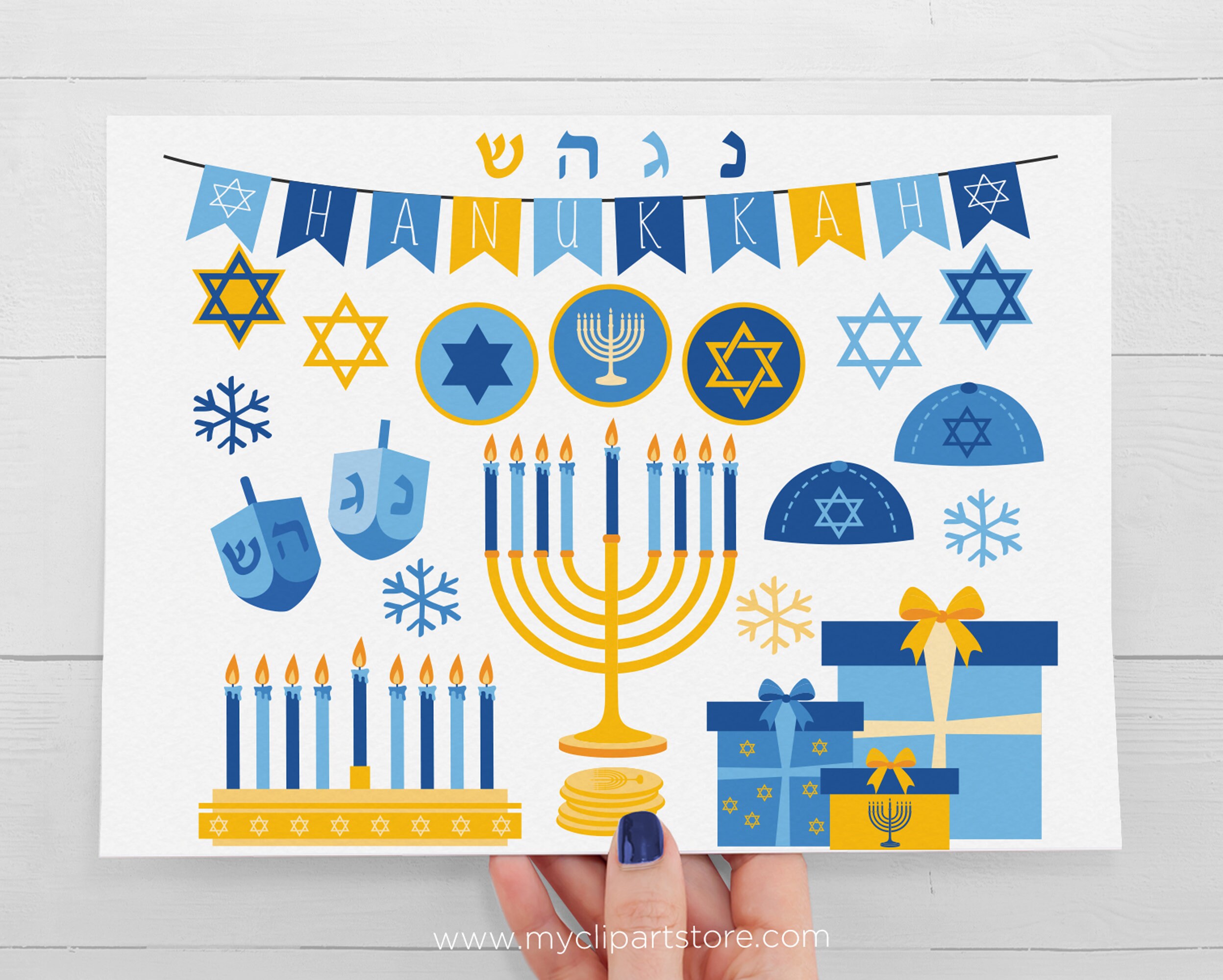 Hanukkah Clipart, Gold Menorah, Dreidels SVG, Star of David (digital ...
