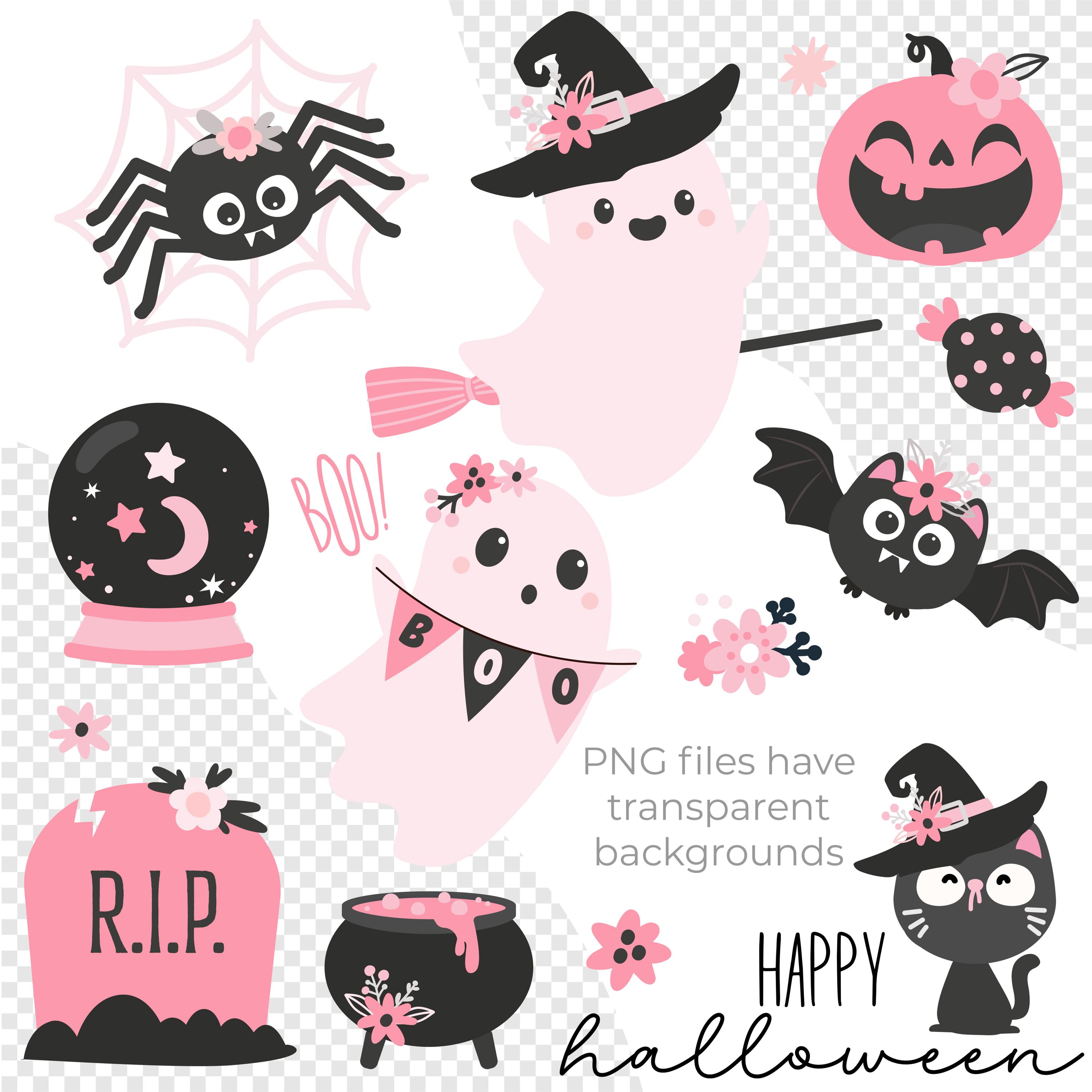 Pink Coquette Halloween Clipart: Cute Ghost, Pink Pumpkin, Kawaii ...