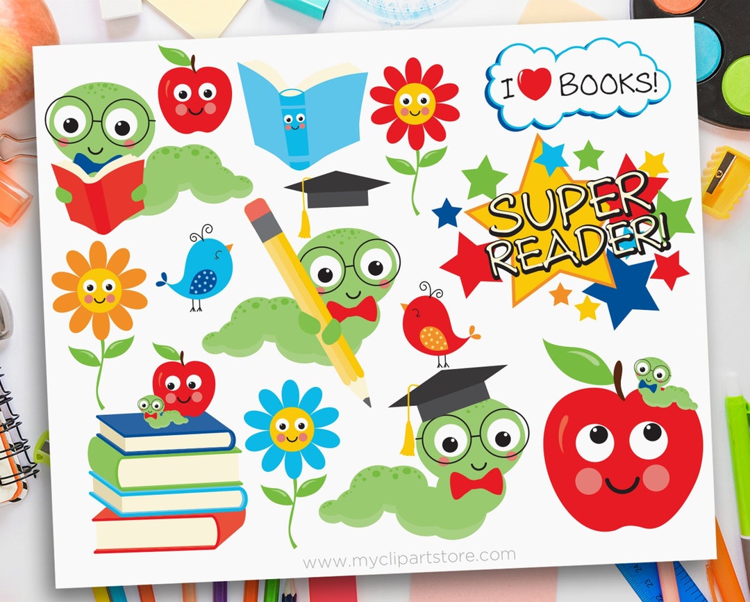 Bookworm Clipart: Back to School, Graduation Design (digital Download ...
