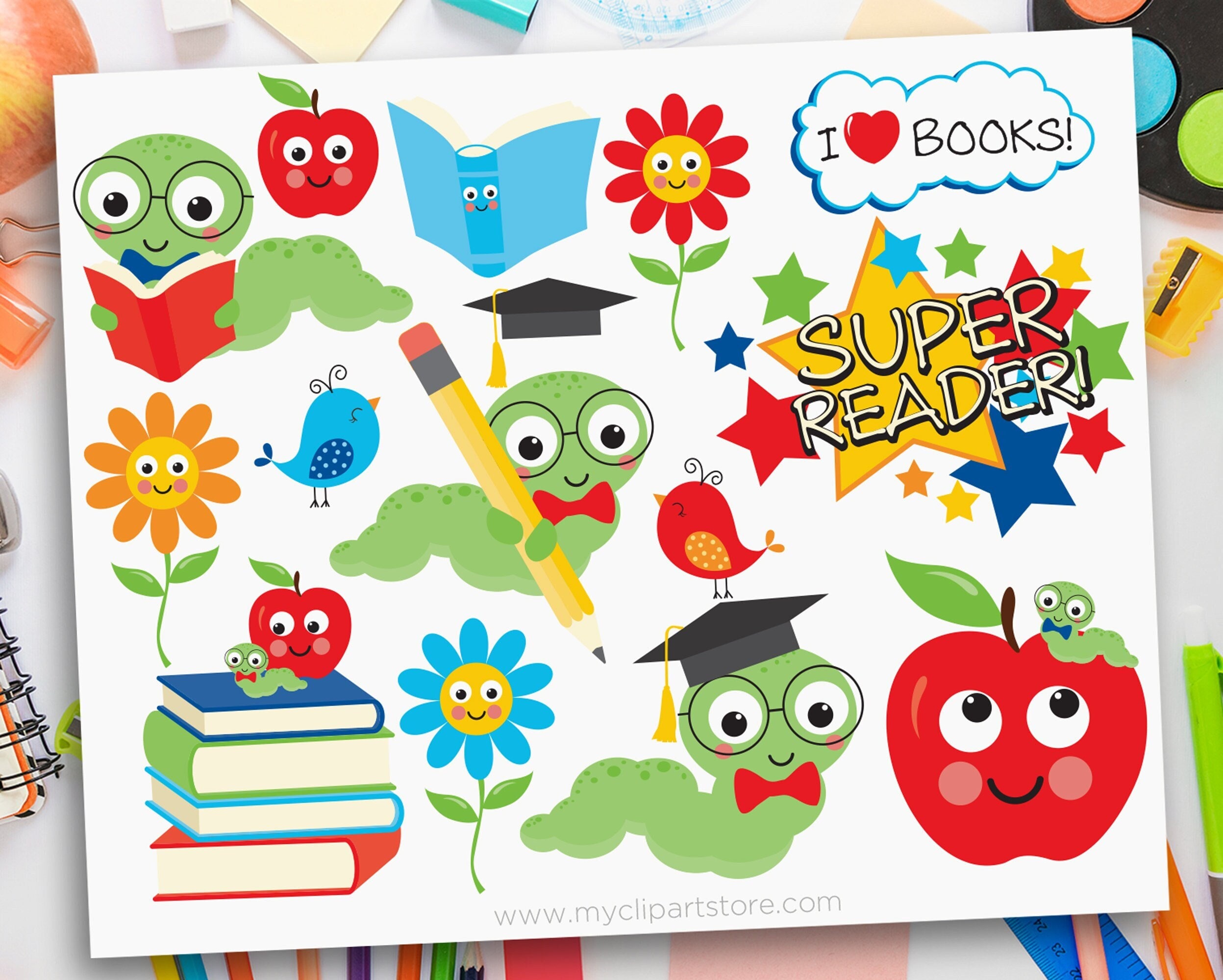 Little Book Worm Clipart Back to School Graduation - Etsy