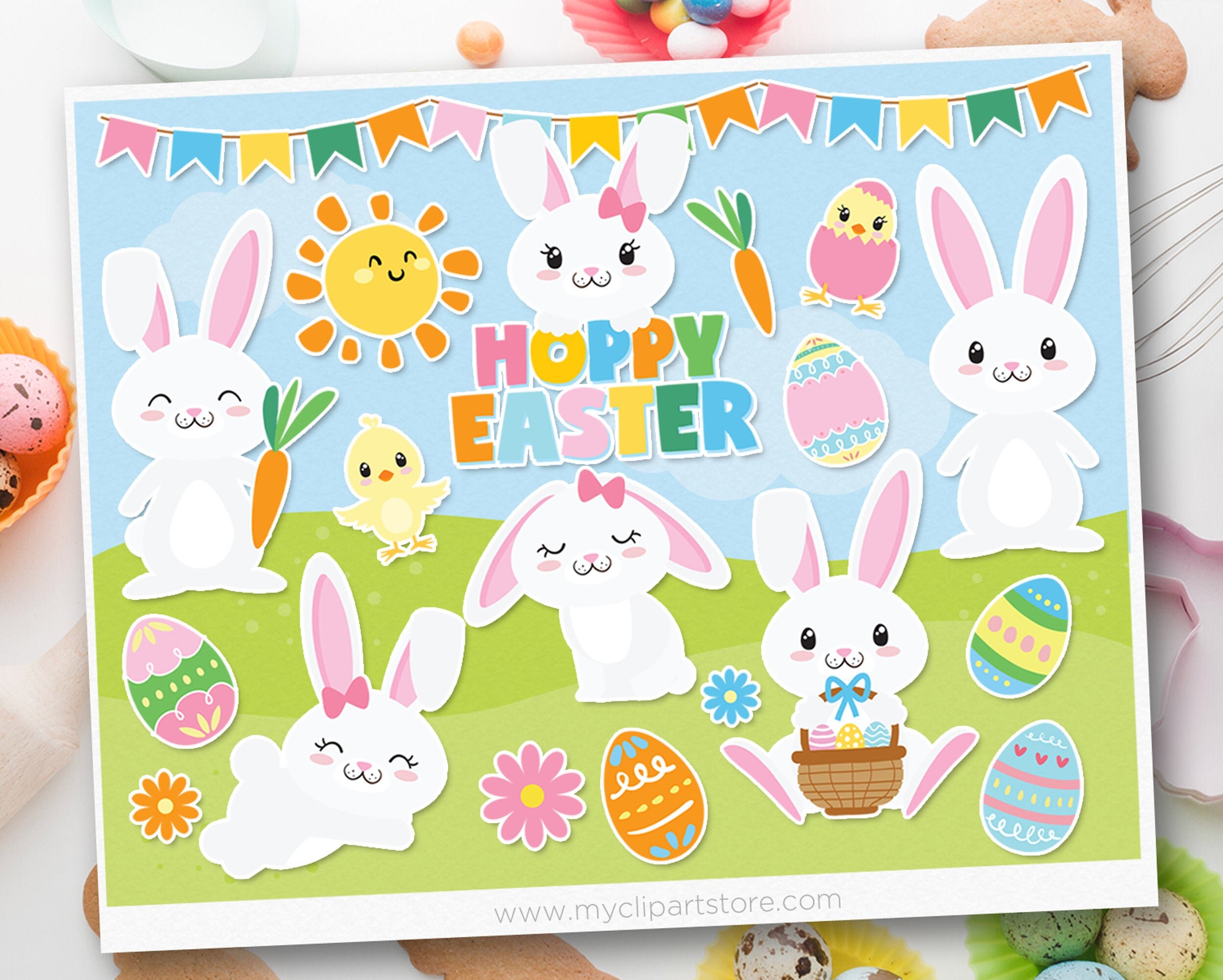 Easter Bunny Clipart, Eggs, Rabbit, Flowers (digital Download) - Etsy
