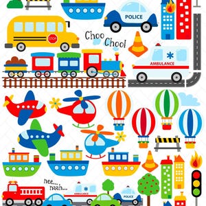 City Transportation Vehicles Clipart: Cars, Trucks, Trains, Boys Room ...