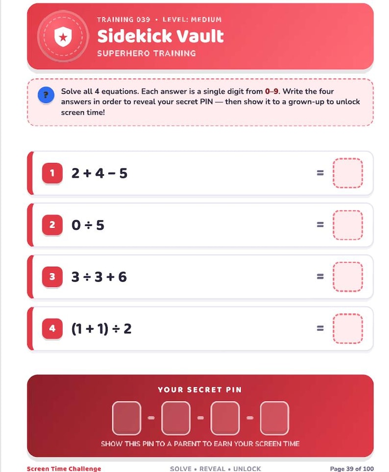 Kids Math PIN Challenge Workbook – Screen Time Reward System (digital ...