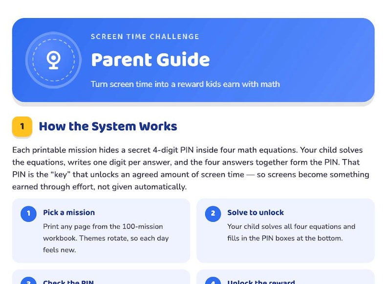 Kids Math PIN Challenge Workbook – Screen Time Reward System (digital ...