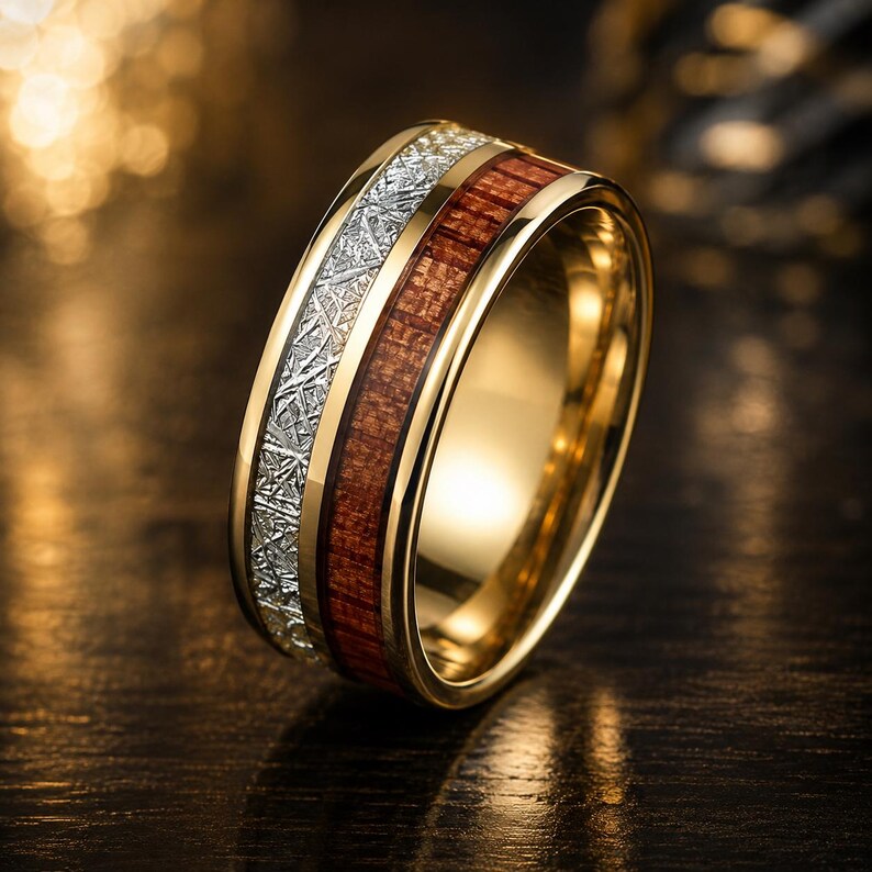 Koa Wood Meteorite Ring, Gold Inlay Stainless Steel Wedding Band ...