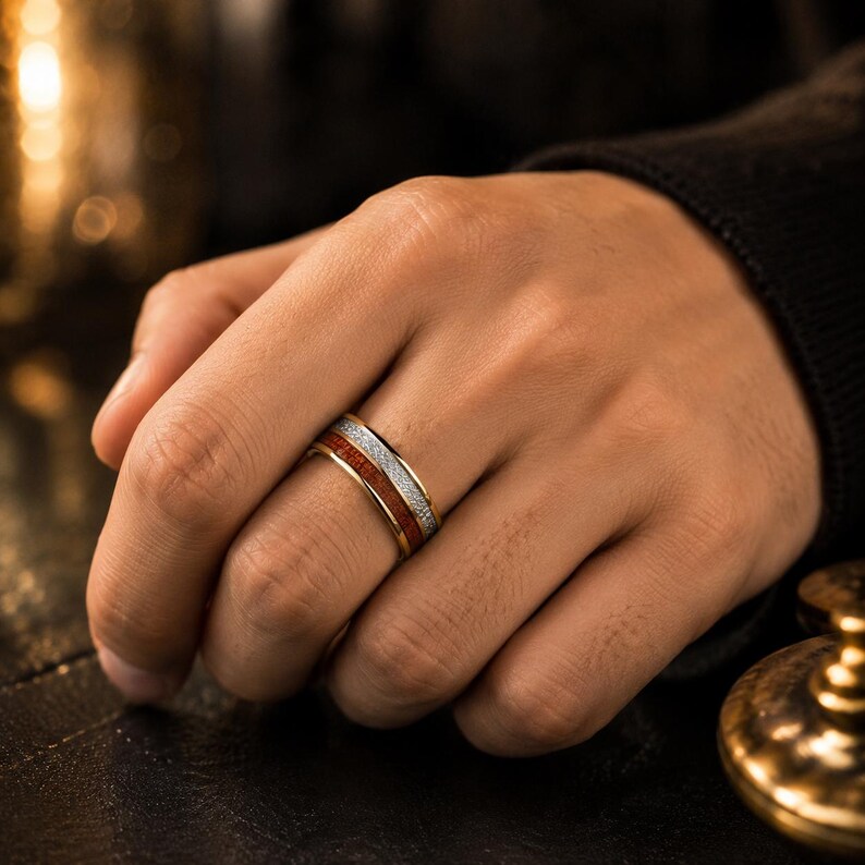 Koa Wood Meteorite Ring, Gold Inlay Stainless Steel Wedding Band ...