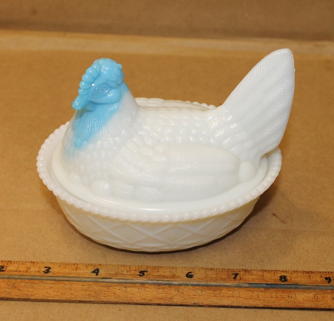Vintage Milk White Glass Hen on Nest With Blue Head Turned Split Tail ...