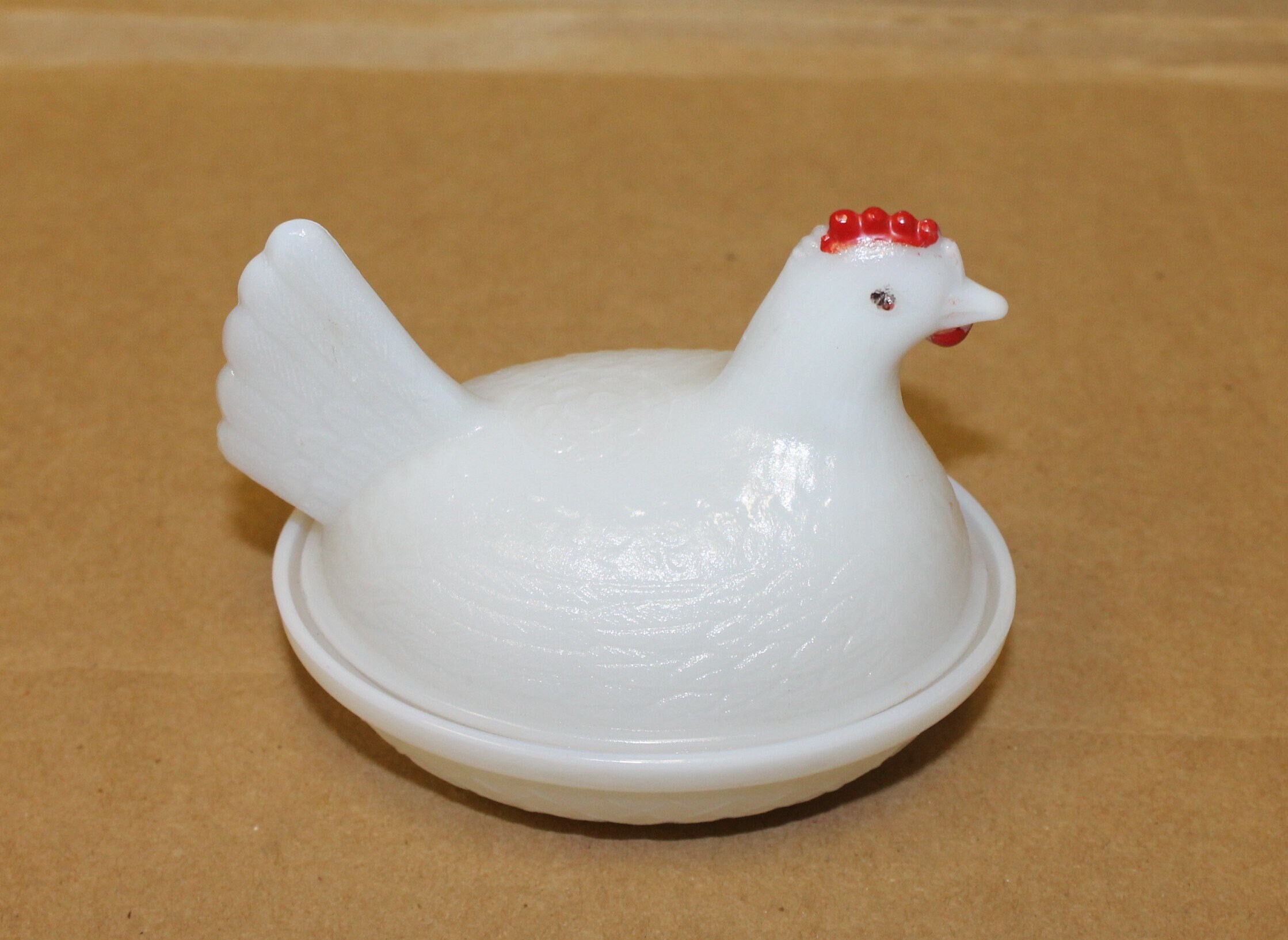 Vintage White Milk Glass Hen on Nest Covered Dish Red Comb Chicken ...