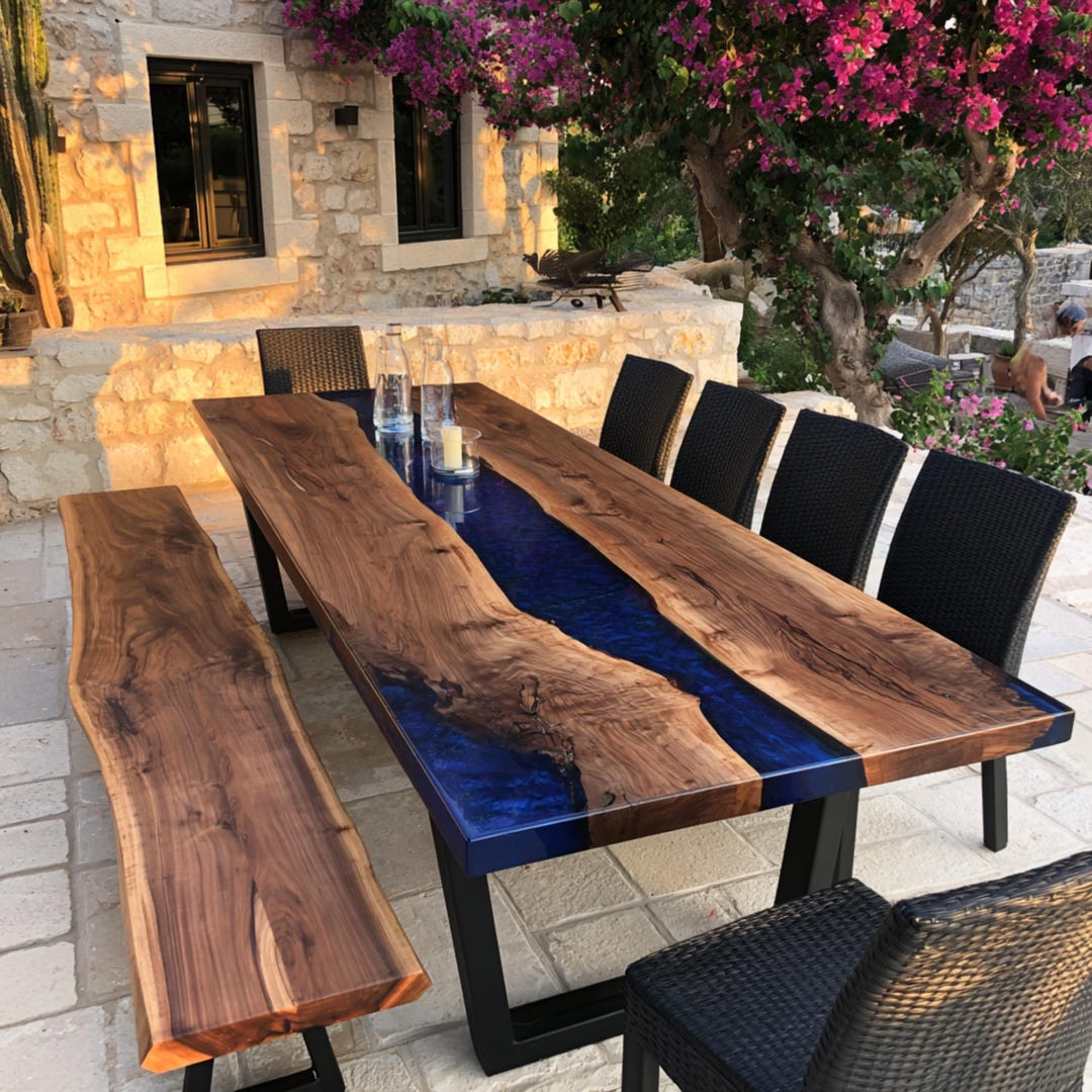 Custom Walnut Epoxy River Dining Table, Live Edge Solid Wood, Handmade ...
