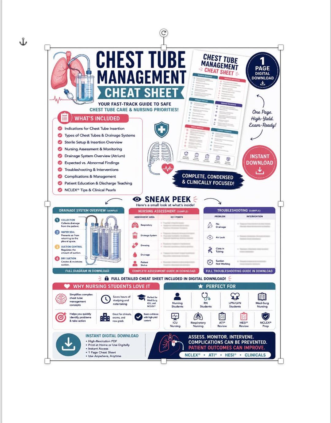 Chest Tube Management Cheat Sheet | Water Seal Suction Troubleshooting ...