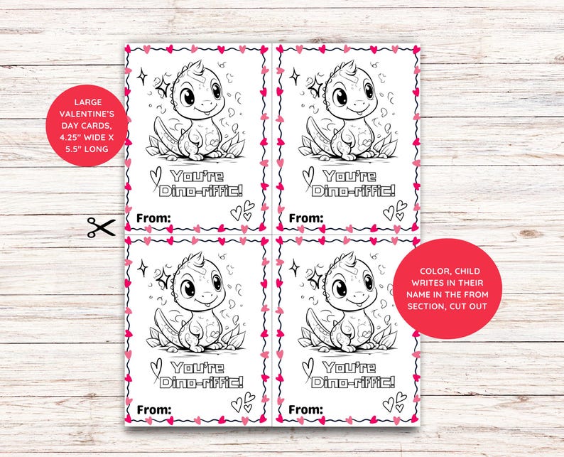 Printable Dinosaur Coloring Valentines Cards With 7 Designs, Valentine ...