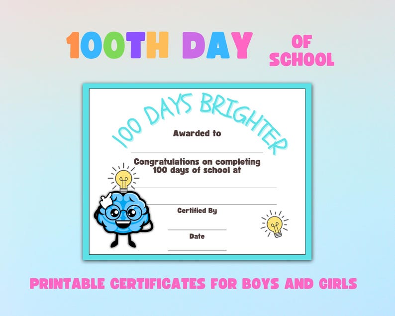 100 Days of School Printable Certificate of Achievement, School ...