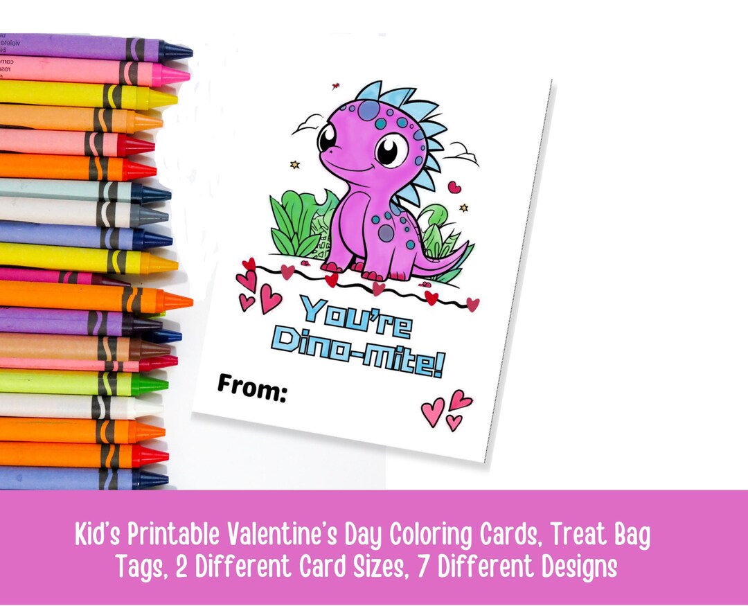 Printable Dinosaur Coloring Valentines Cards With 7 Designs, Valentine ...