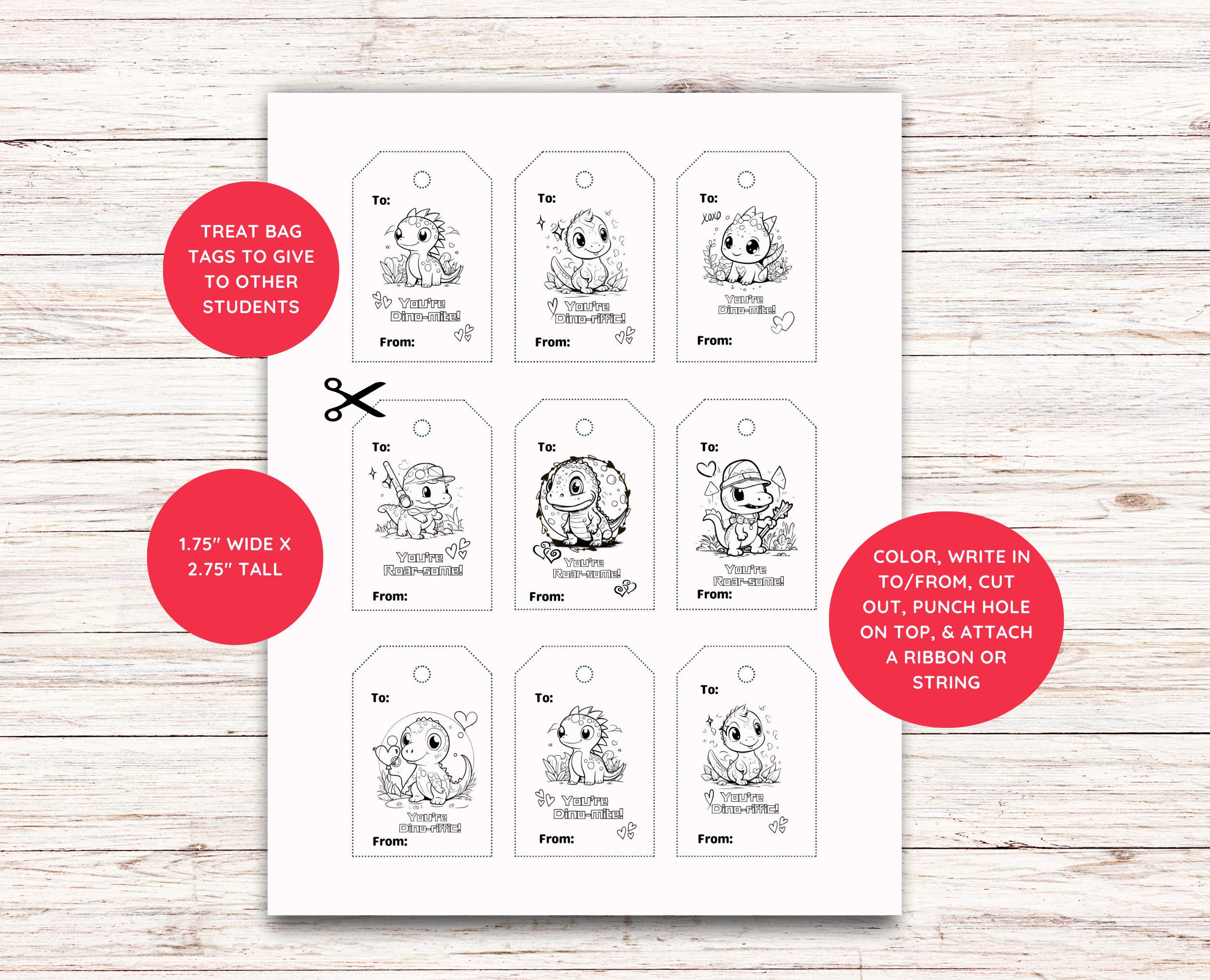 Printable Dinosaur Coloring Valentines Cards With 7 Designs, Valentine ...