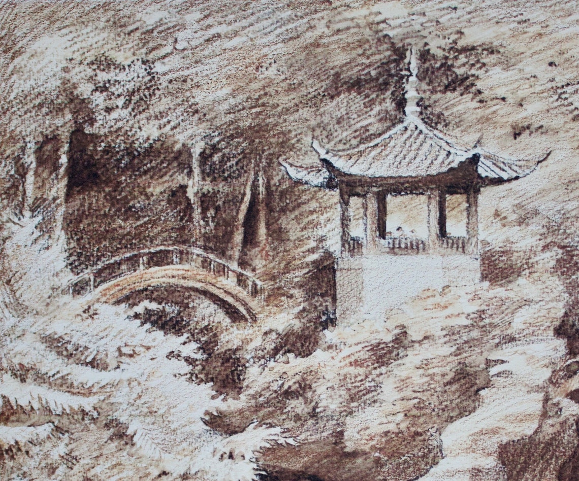CHINESE GARDEN WATERCOLOR Pencil Drawing, Gazebo, Park, Bridges, Fine ...