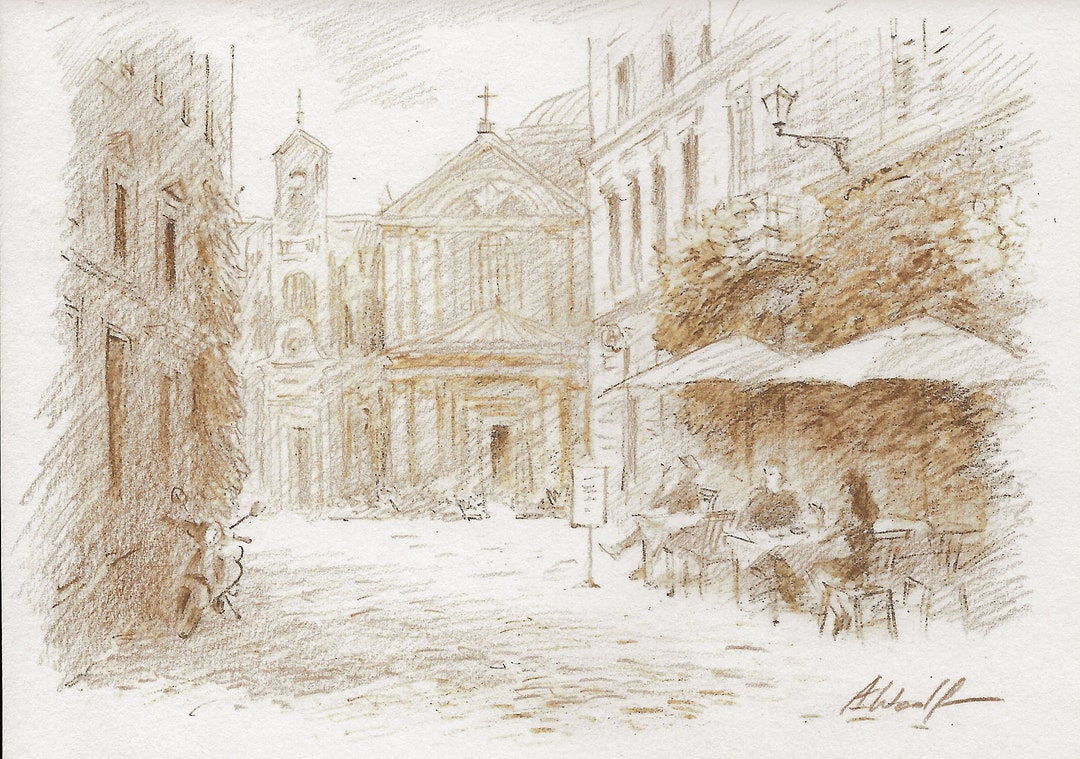 In Rome, Italy, Cityscape, Watercolor Pencil Drawing for Room Decor ...