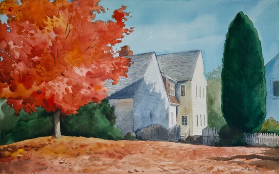 LANDSCAPE WATERCOLOR PAINTING Red Tree Autumn Fine Framed - Etsy