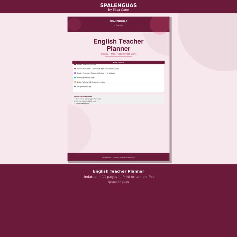 English Teacher Planner | Undated Lesson Plan Template (digital ...