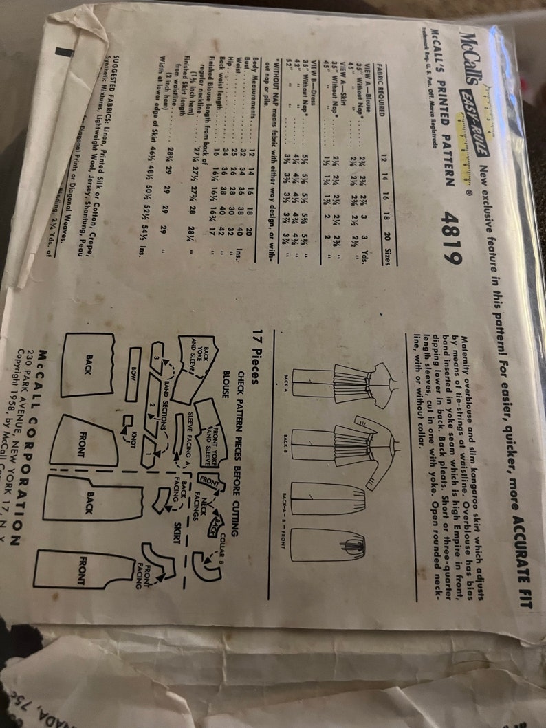 Vintage Mccall's 4819 Sewing Pattern, Maternity Overblouse and Slim ...