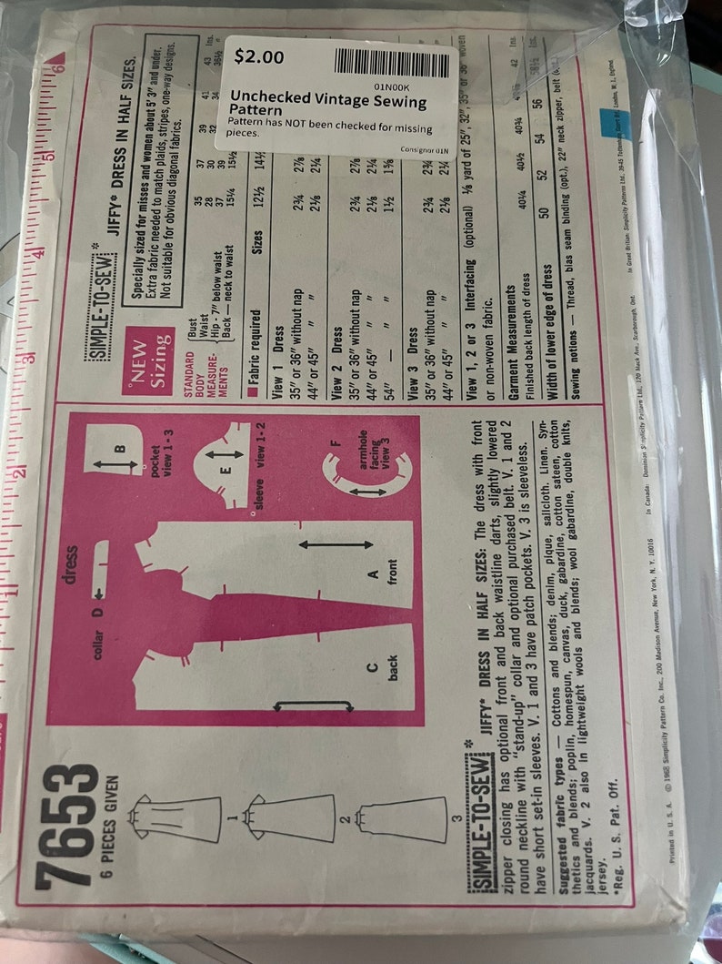 Vintage Simplicity 7653 Sewing Pattern, Jiffy Dress in Half Sizes, Size ...