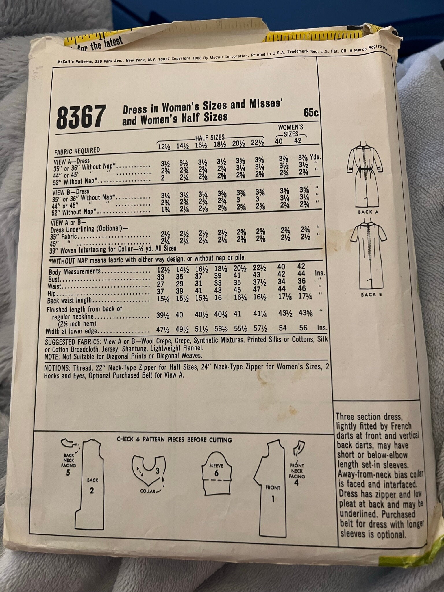Vintage Mccall's 8367 Sewing Pattern, Dress in Women's Sizes & Misses ...