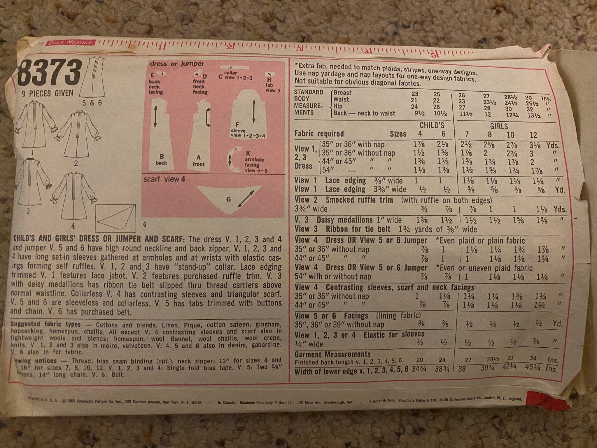 Simplicity 8373 Pattern, Child's and Girls' Dress or Jumper and Scarf ...