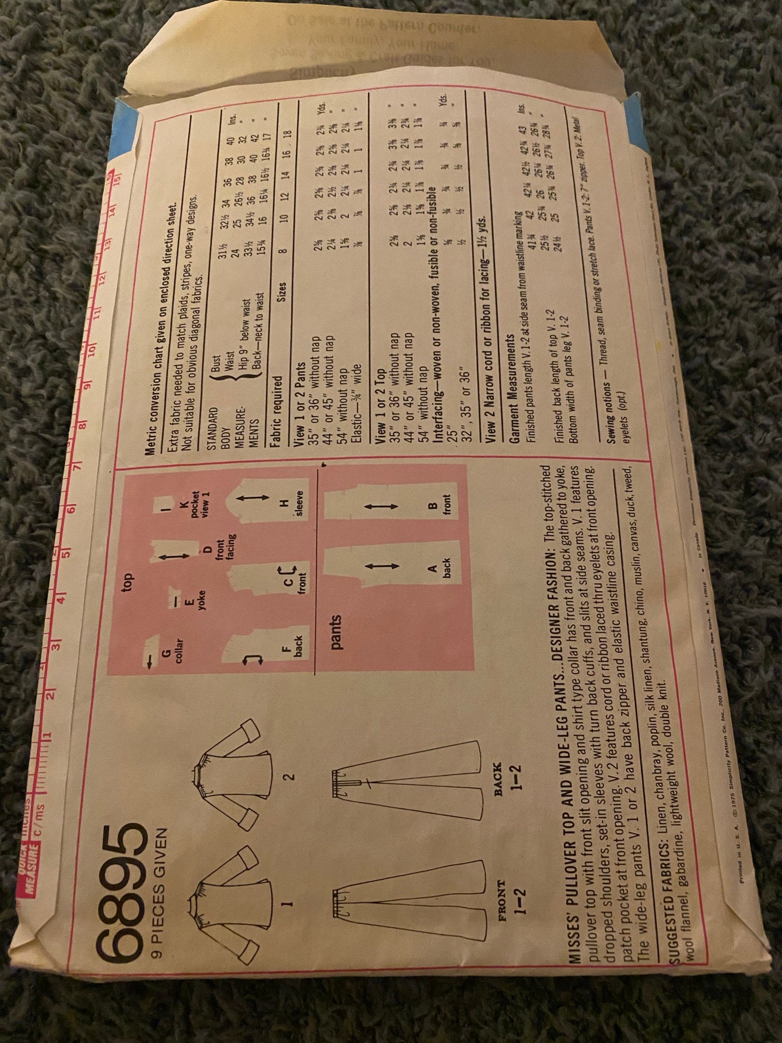 Simplicity 6895 Vintage Sewing Pattern, Misses' Pullover Top and Wide ...