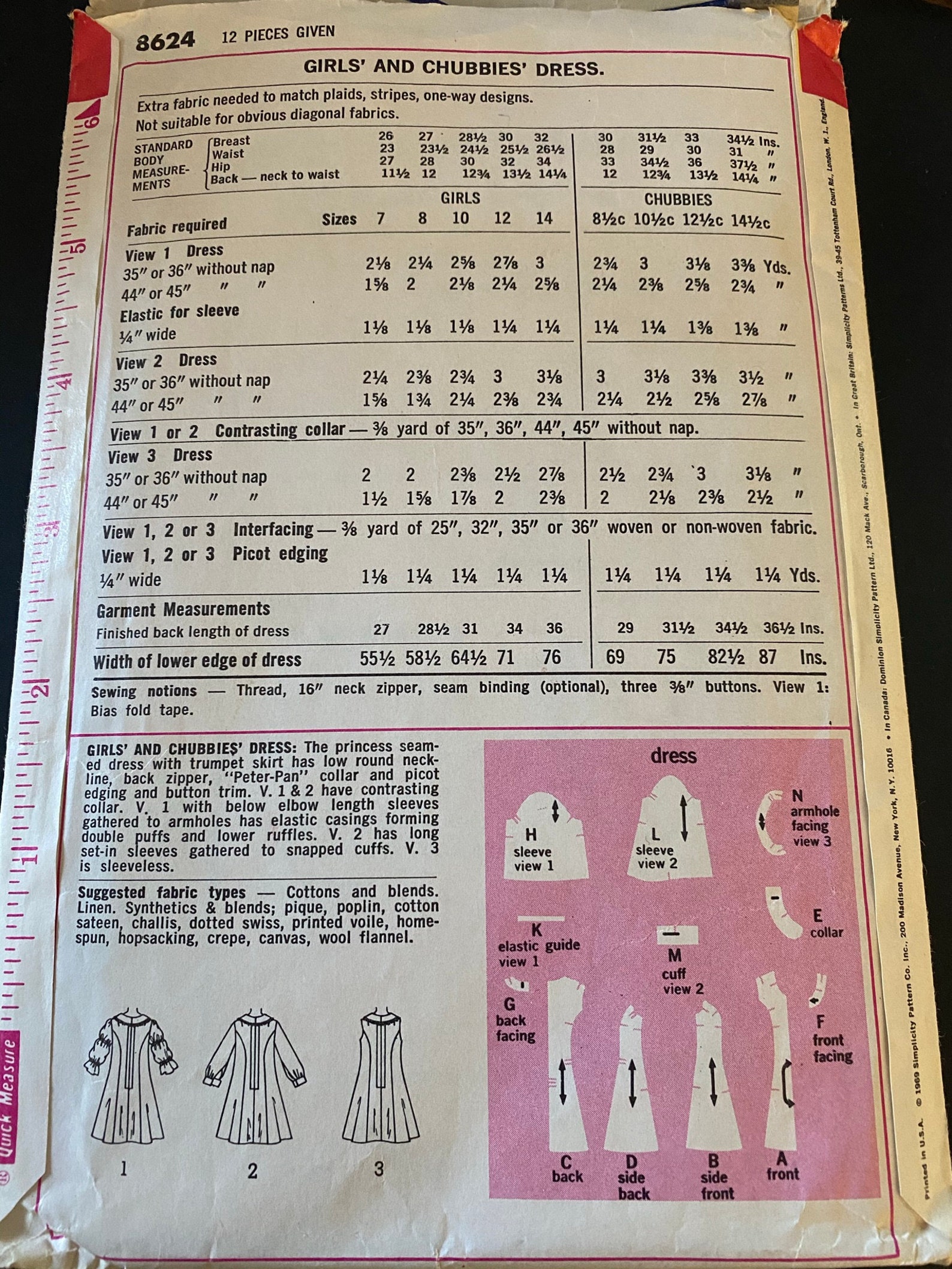Simplicity 8624 Pattern, Girls' and Chubbies' Dress, Size 12, Ca. 1969 ...