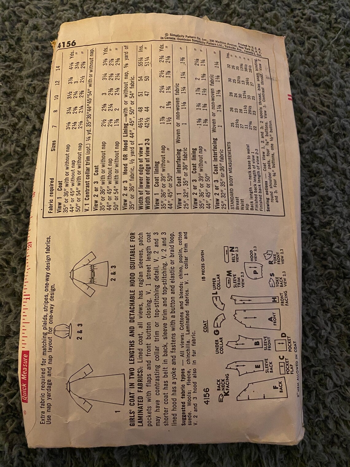 Simplicity 4156 Vintage Sewing Pattern, Girls' Coat in Two Lengths ...