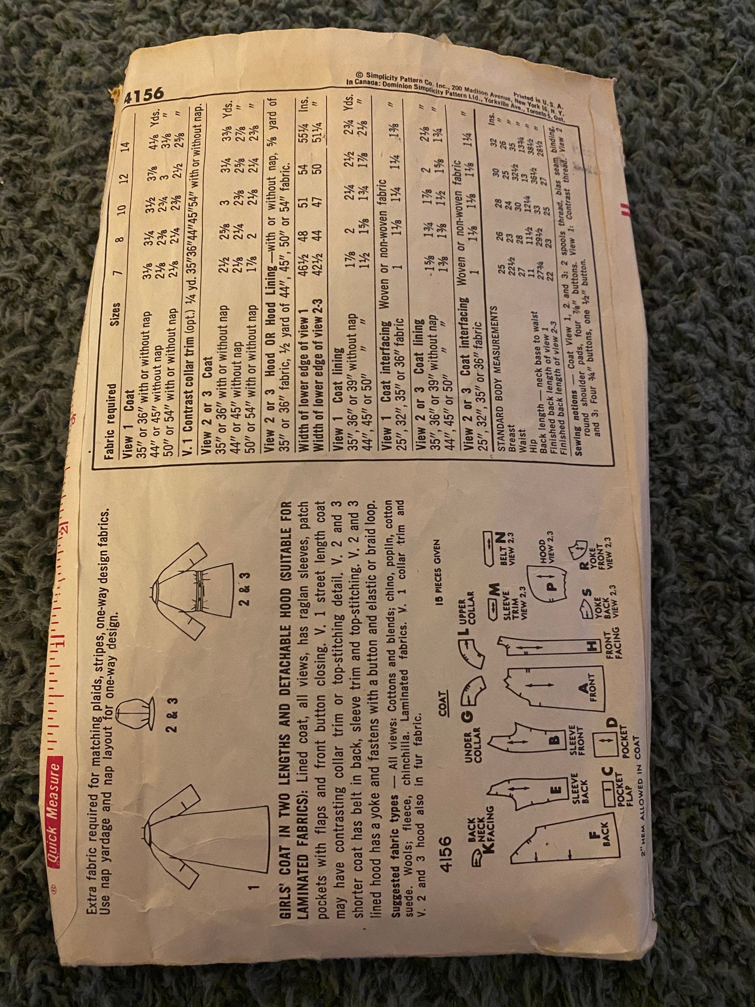 Simplicity 4156 Vintage Sewing Pattern, Girls' Coat in Two Lengths ...