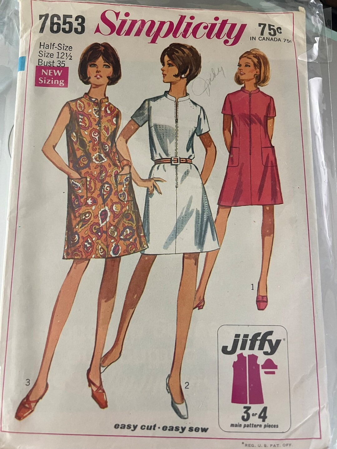 Vintage Simplicity 7653 Sewing Pattern, Jiffy Dress in Half Sizes, Size ...
