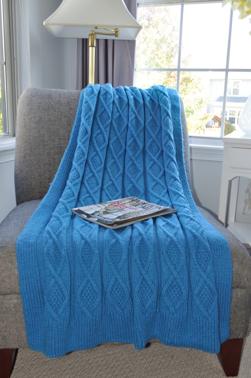 Blue Blanket Throw Handknit Diamond Pattern - Etsy