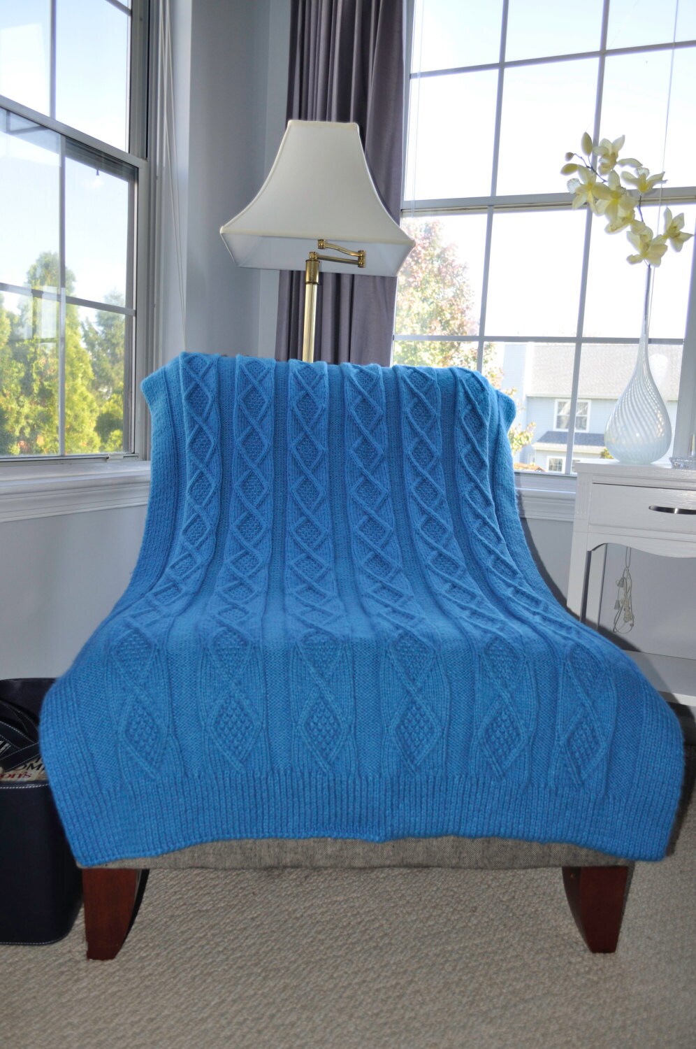 Blue Blanket Throw Handknit Diamond Pattern - Etsy