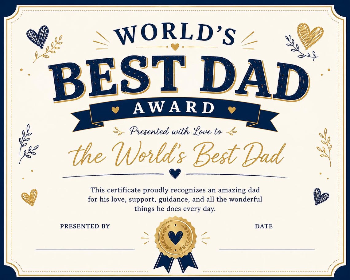 World’s Best Dad Award Certificate Printable PDF, Father’s Day Gift ...
