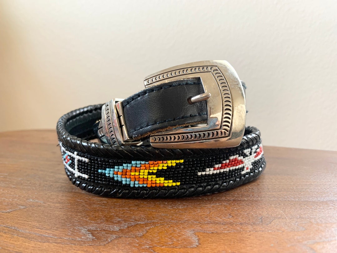 1990s Beaded Belt, Nineties Black Leather Belt W/ Silver Tone Metal ...
