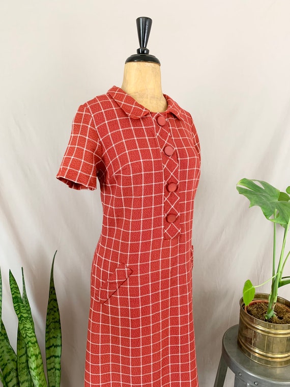 1960s Ruby Red Shift, Sixties Grid Check Shift Dress,… - Gem