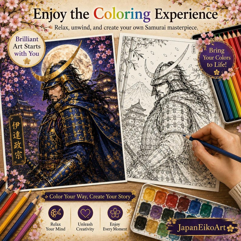 Japanese Samurai Coloring Pages for Adults, 20 Printable Designs ...