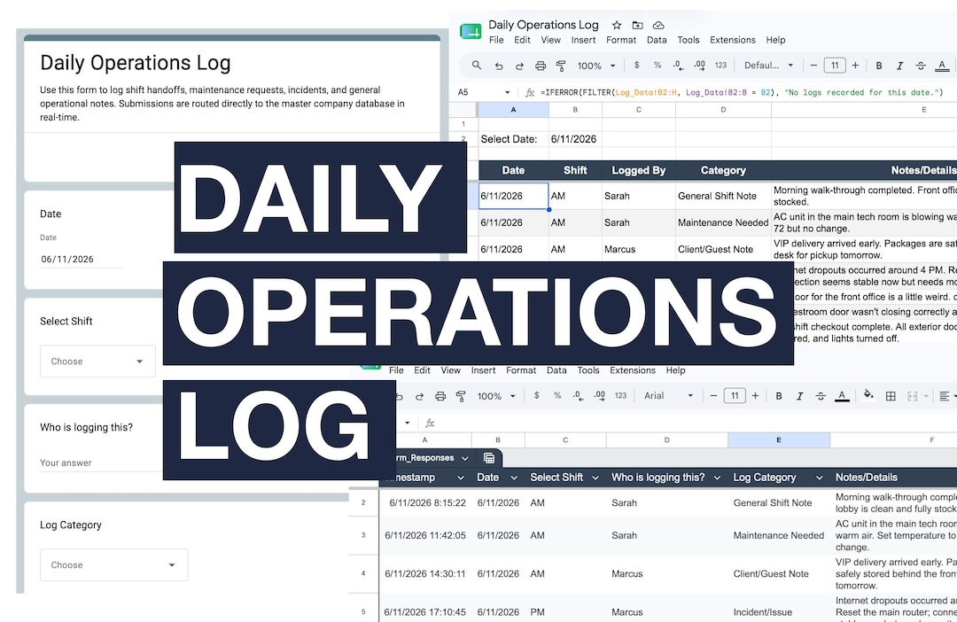 Daily Operations Log Google Sheets Template | Shift Handoff Logbook and ...