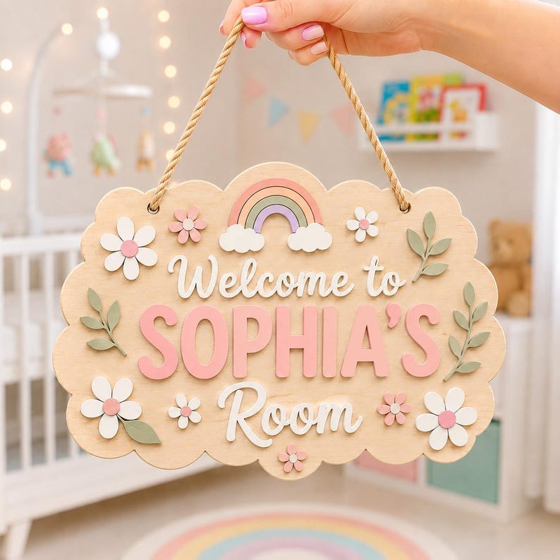 Personalized 3D Floral Wooden Door Sign, Custom Name Door Hanger ...
