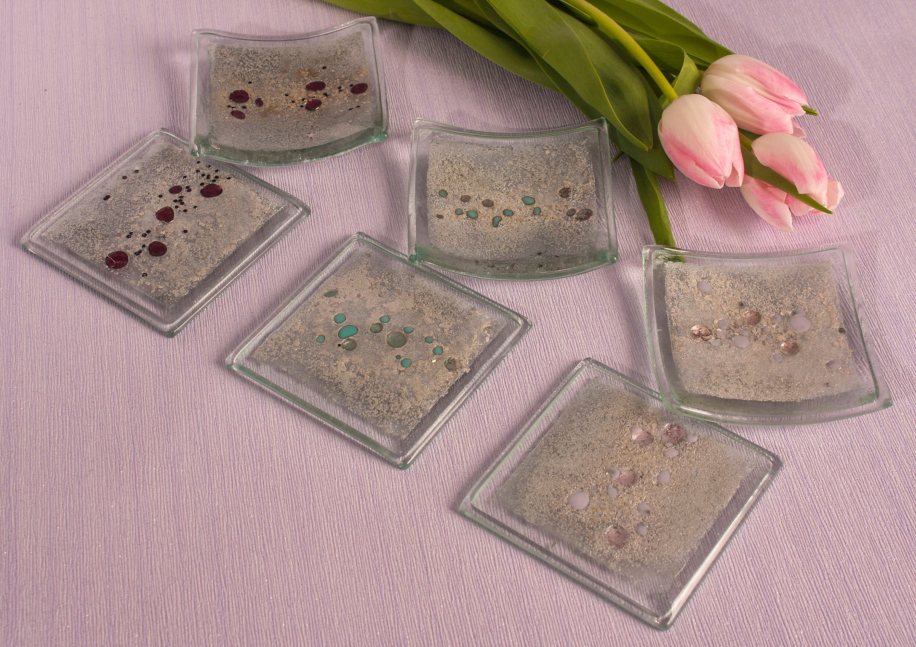 Set of 4 handmade fused glass coasters. Pale pink sparkle. | Etsy
