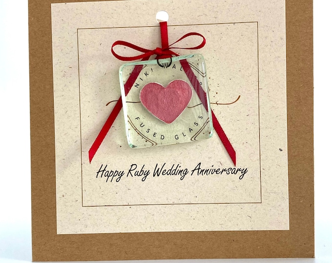 40 Year Ruby Wedding Anniversary Card With Fused Glass Forever Keepsake ...